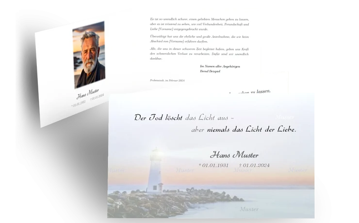 Leuchtturm am Meer - Danksagung mit kurzem Spruch zur Seebestattung