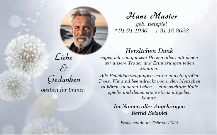 moderne Danksagung zur Trauer ☀ Pusteblume im Sonnenlicht